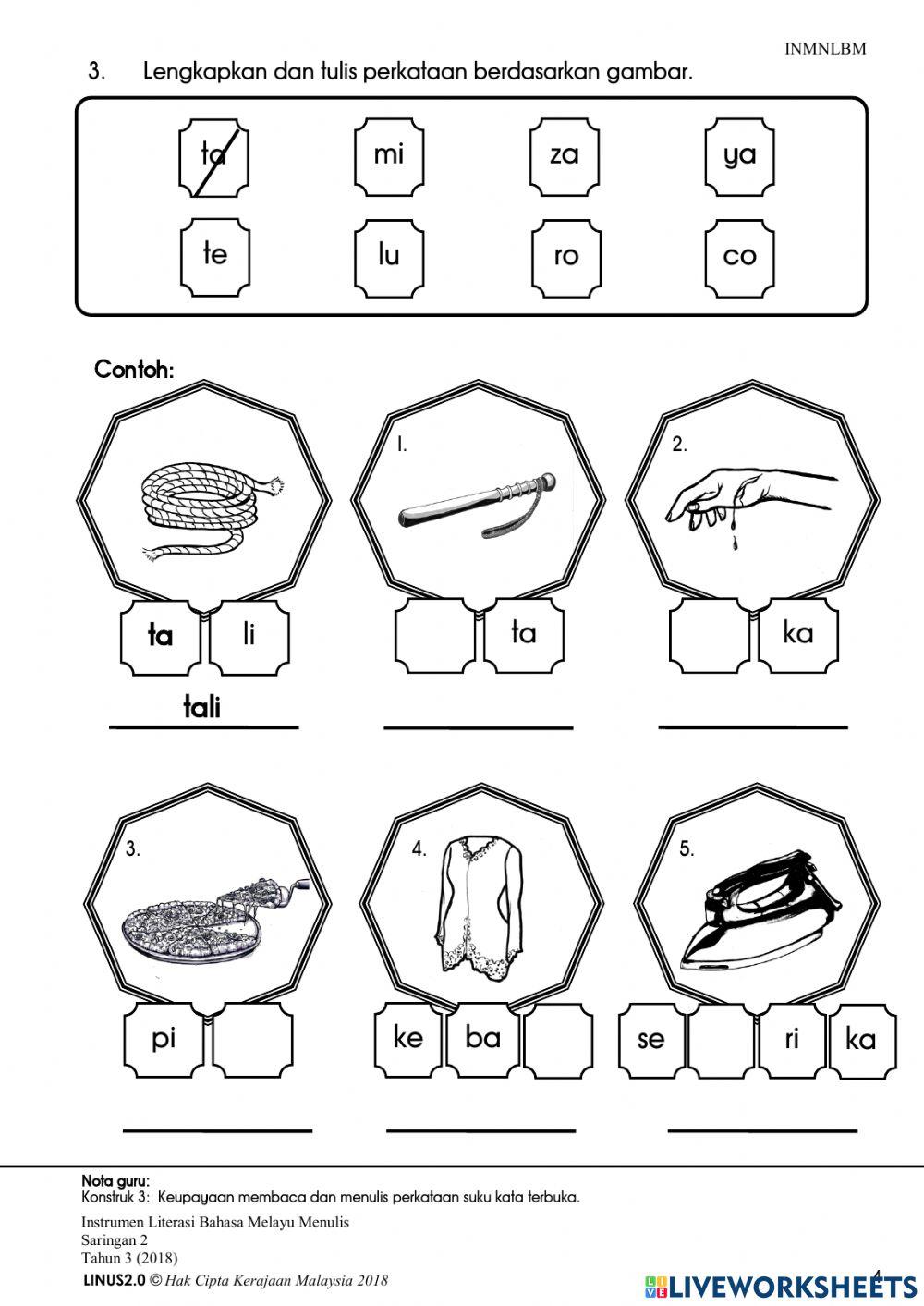 Bahagian 1 - instrumen menulis LITERASI tahun 3 2018 worksheet | Live ...