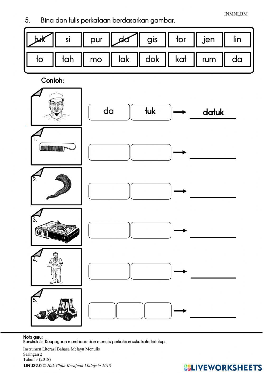 Bahagian 1 - instrumen menulis LITERASI tahun 3 2018 worksheet | Live ...