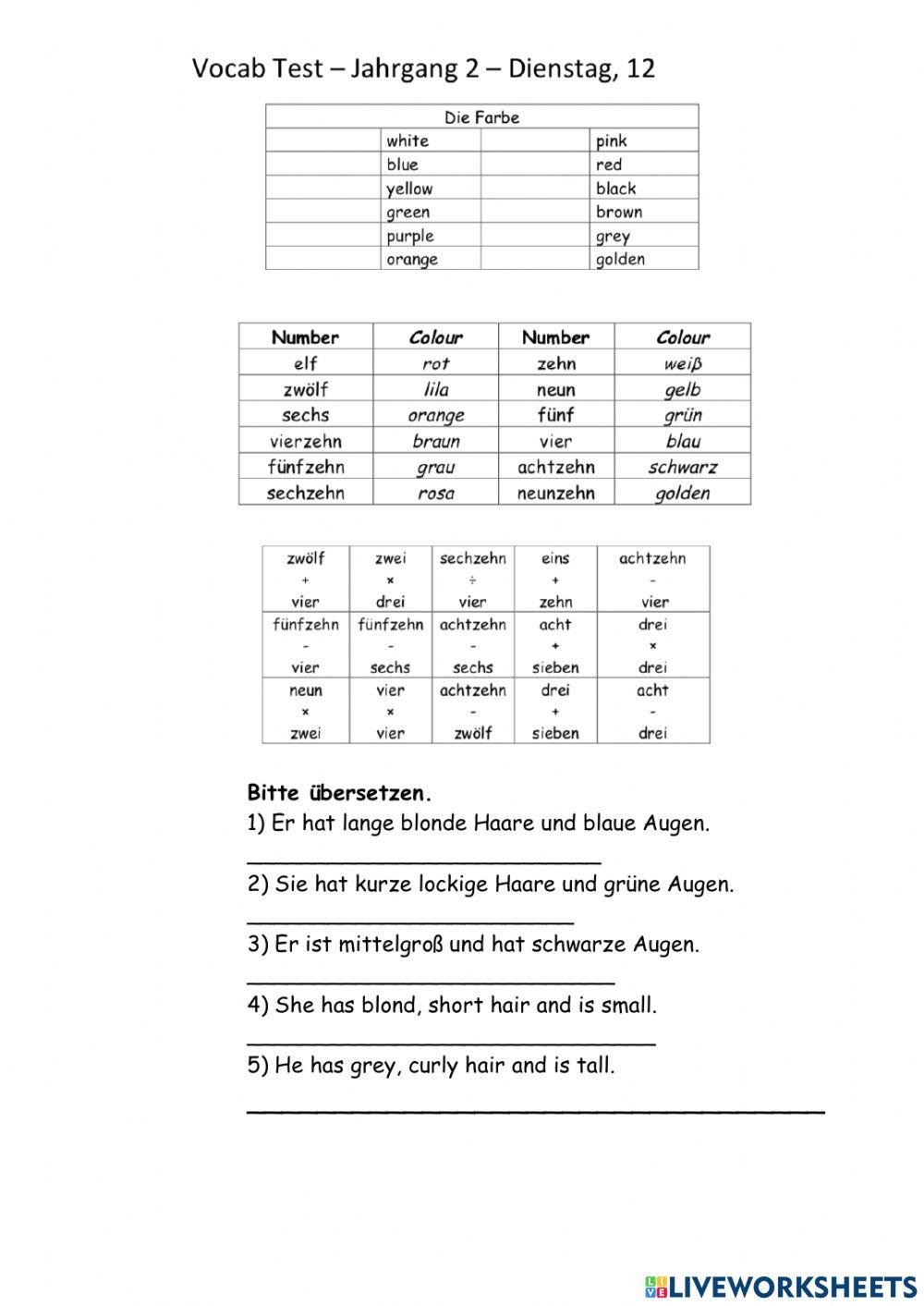 Von Farben Aussehen worksheet | Live Worksheets