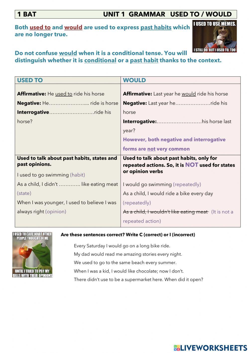 Used to | Free Interactive Worksheets | 1512962