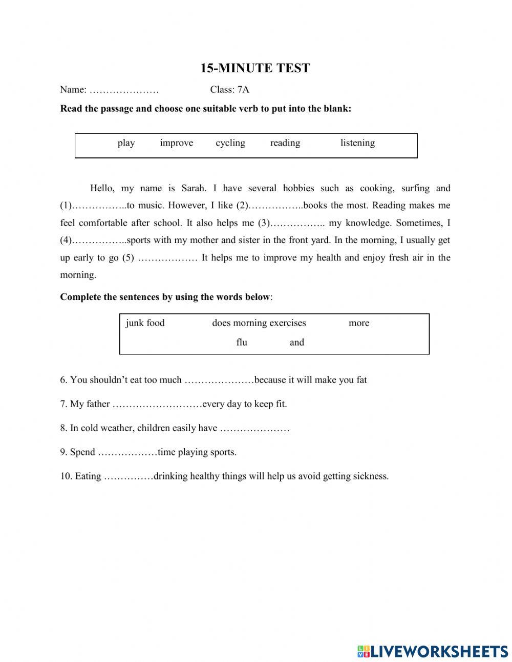 Hobbies and Health worksheet | Live Worksheets