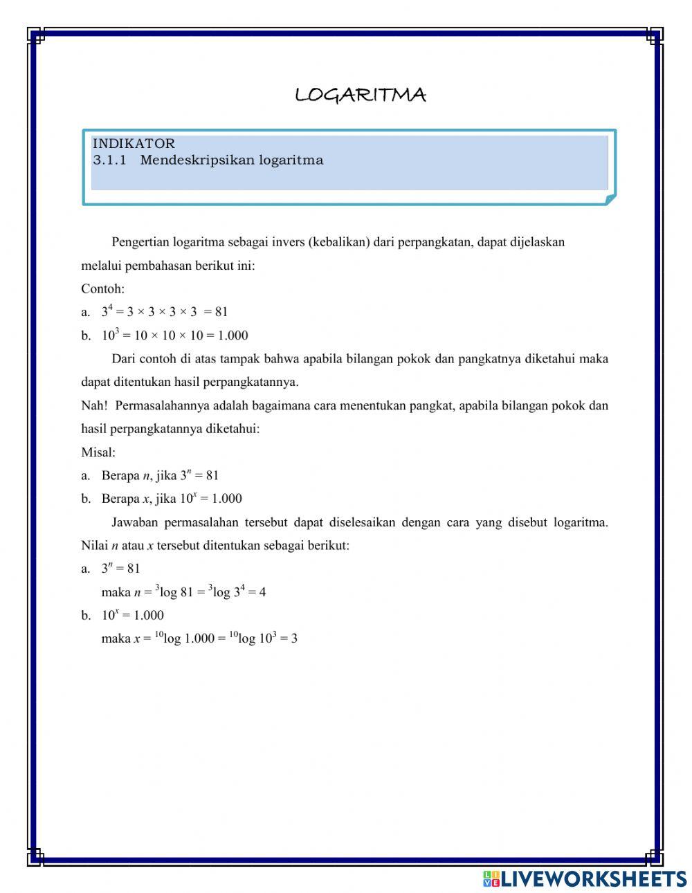 Logaritma-1 worksheet | Live Worksheets