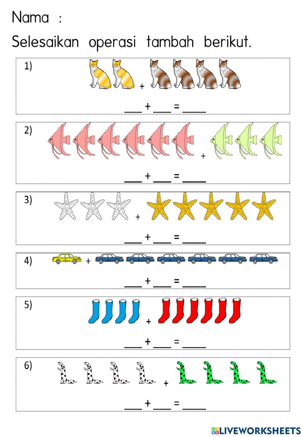 Operasi tambah prasekolah online worksheet | Live Worksheets