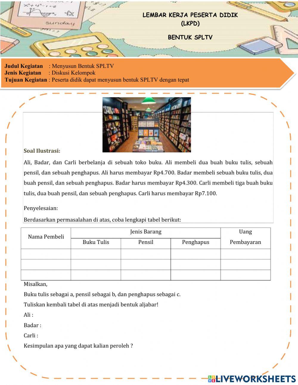 Bentuk SPLTV worksheet | Live Worksheets