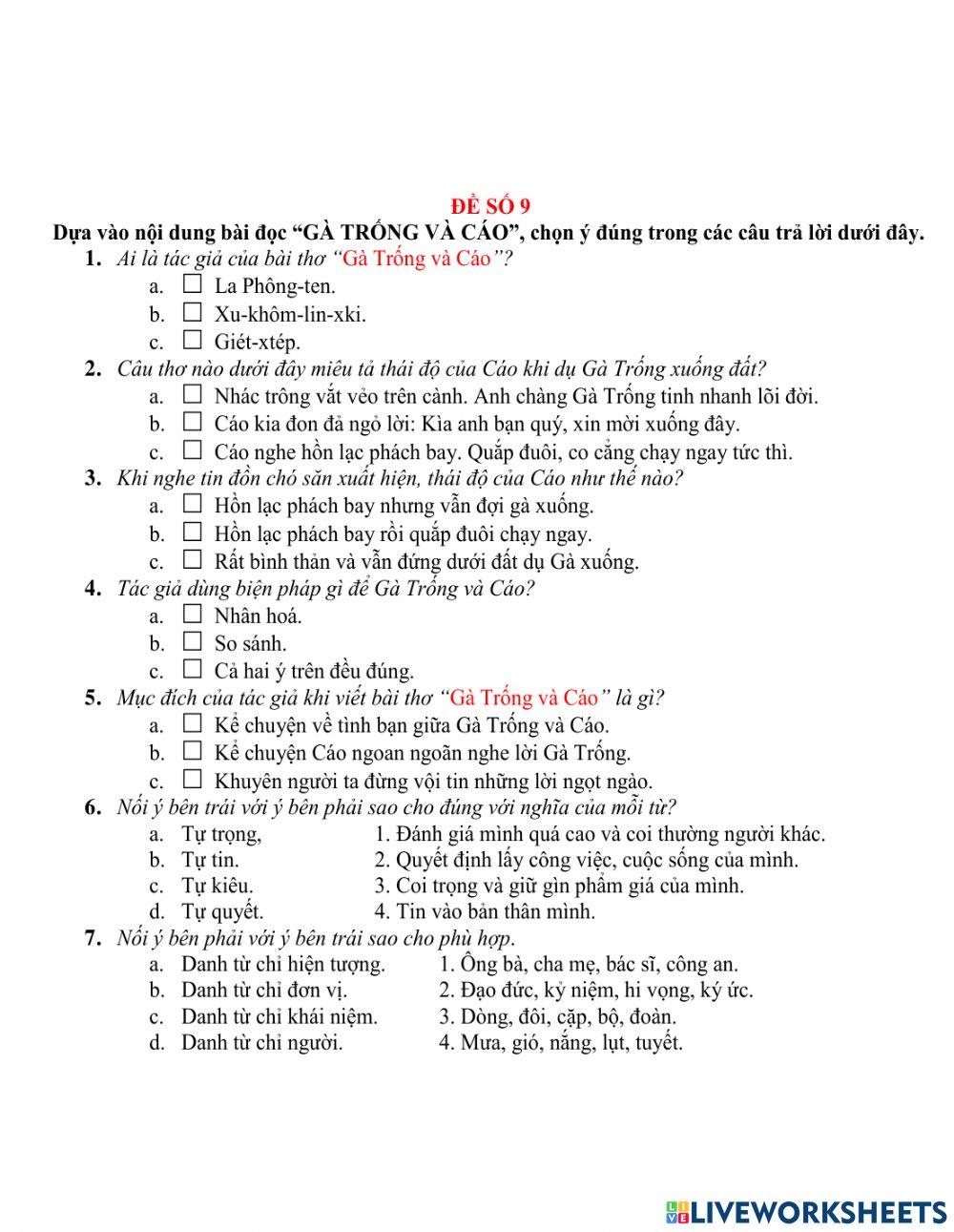 Ga trong va Cao | Free Interactive Worksheets | 5202867