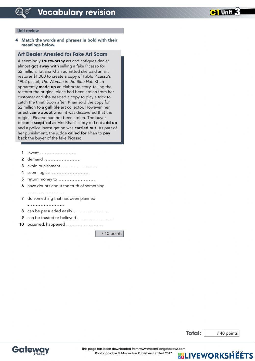 C1 - Unit 3 - Vocabulary Revision online exercise for | Live Worksheets