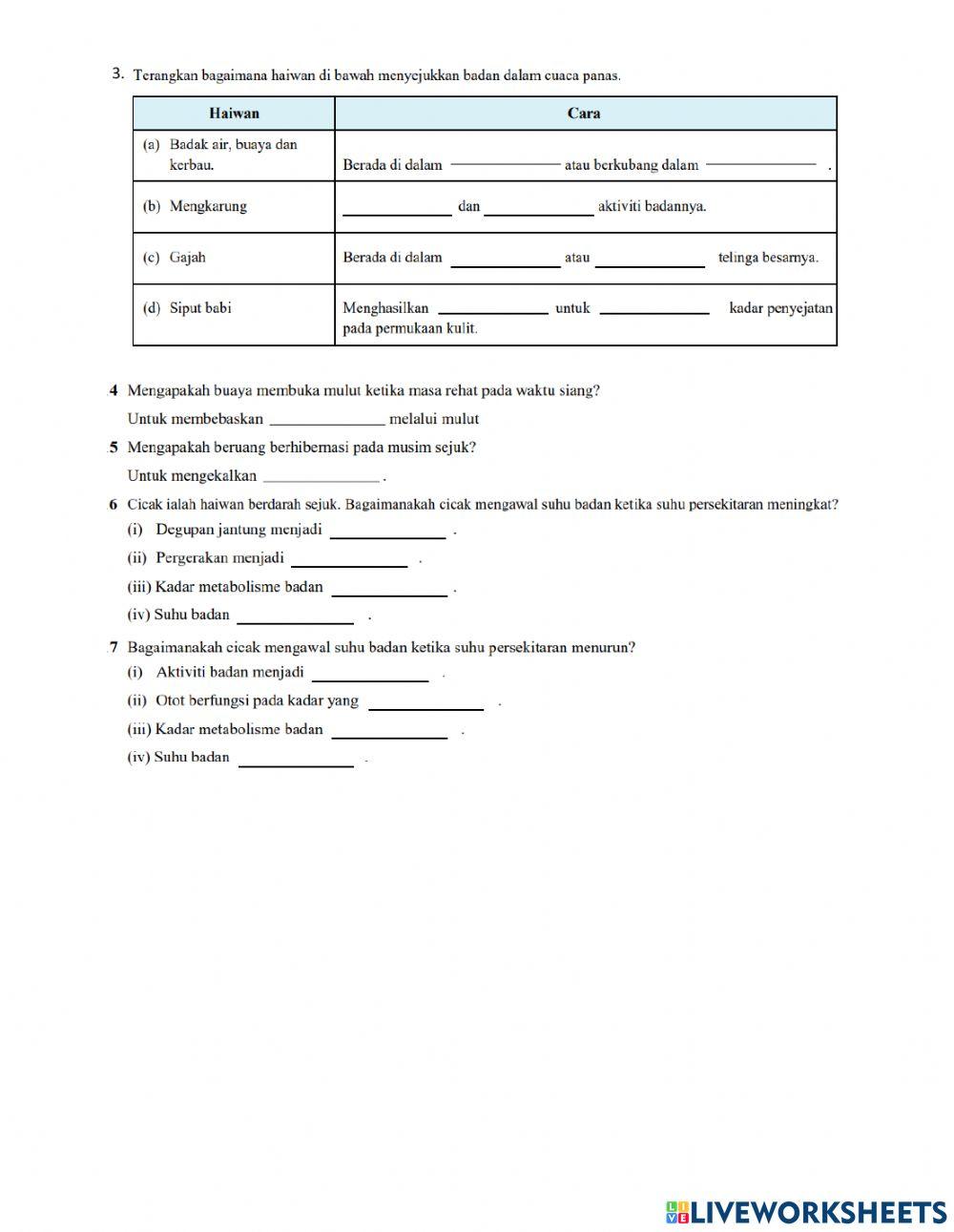 Homeostasis Haiwan worksheet | Live Worksheets