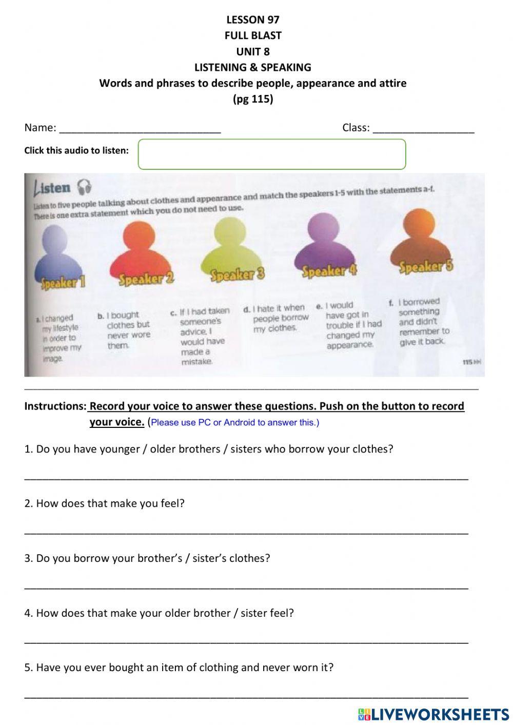 LESSON 97 FORM 4 FULL BLAST UNIT 8: LISTENING - SPEAKING worksheet ...