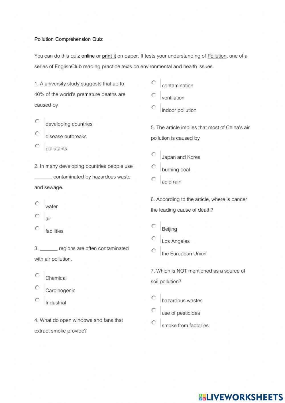 Pollution quiz online exercise for | Live Worksheets