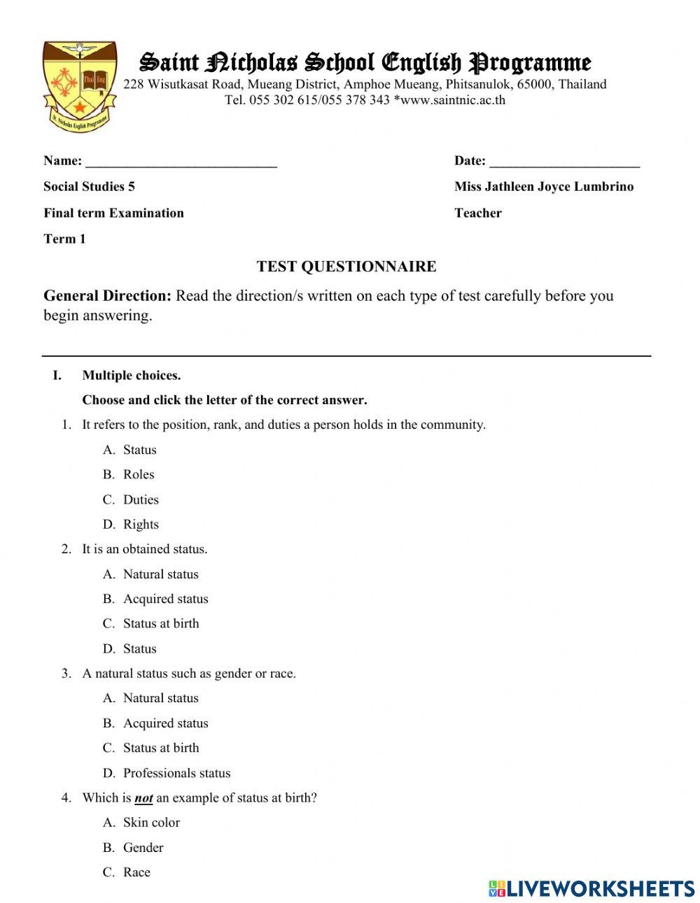 Social 5 - Final test online exercise for | Live Worksheets
