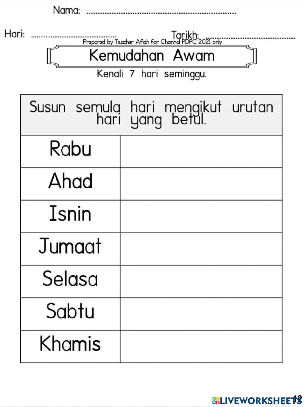Kenali 7 Hari Seminggu worksheet | Live Worksheets