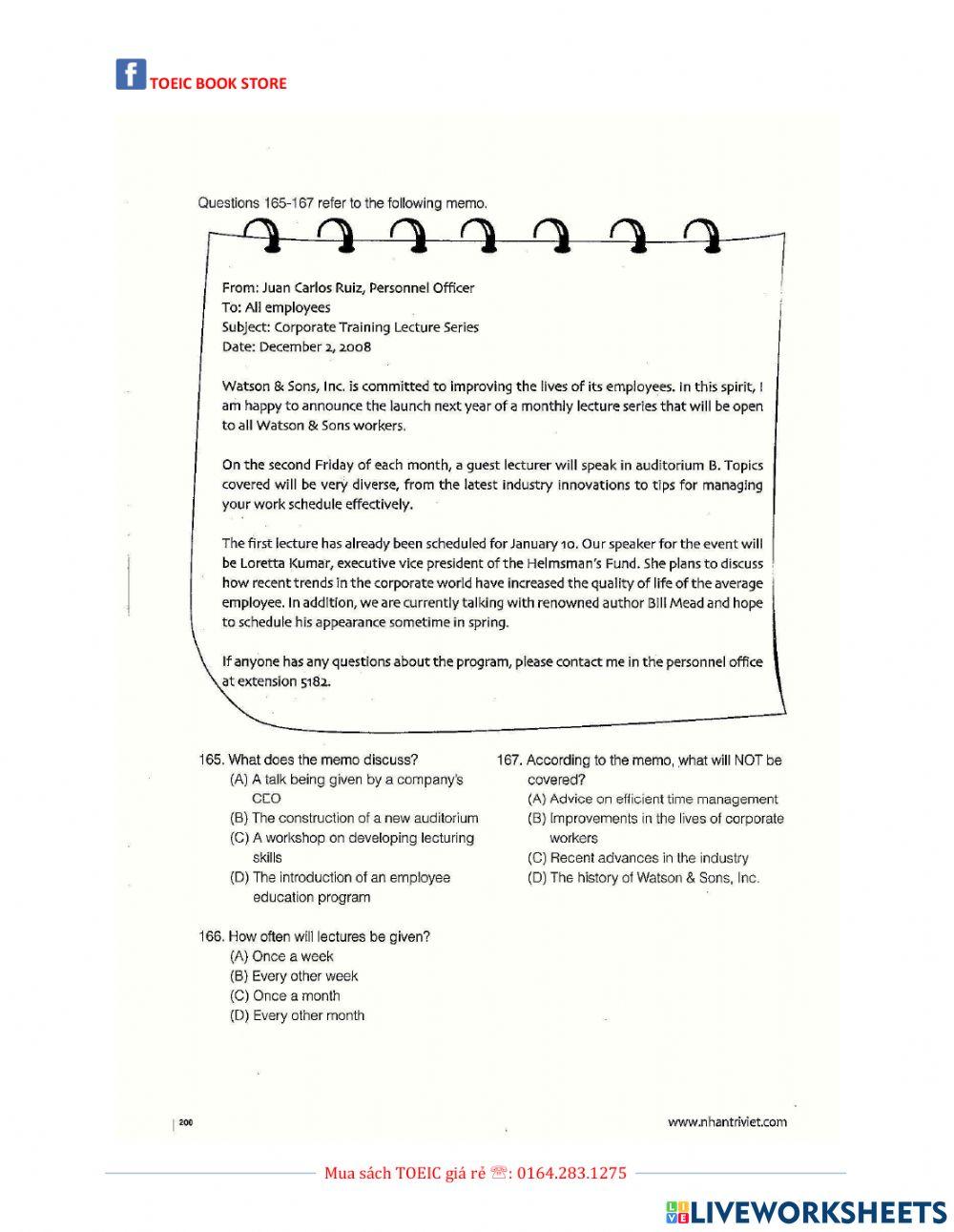 TOEIC 2 reading homework worksheet | Live Worksheets