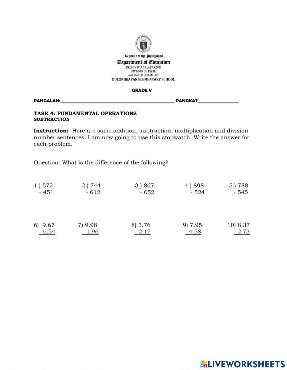 Subtraction-Fundamental Operation worksheet | Live Worksheets