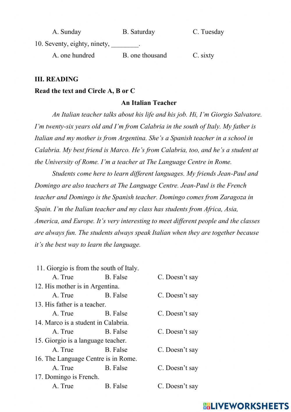 Week 1 Test 2 worksheet | Live Worksheets