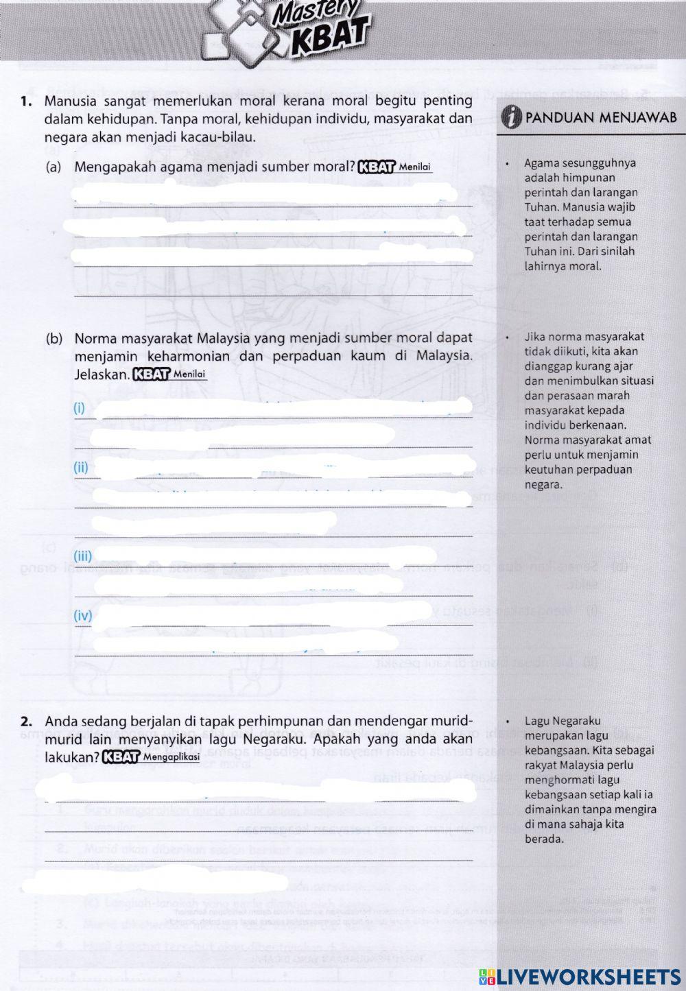 SOALAN KBAT PENDIDIKAN MORAL TINGKATAN 2 UNIT 1 online exercise for | Live Worksheets