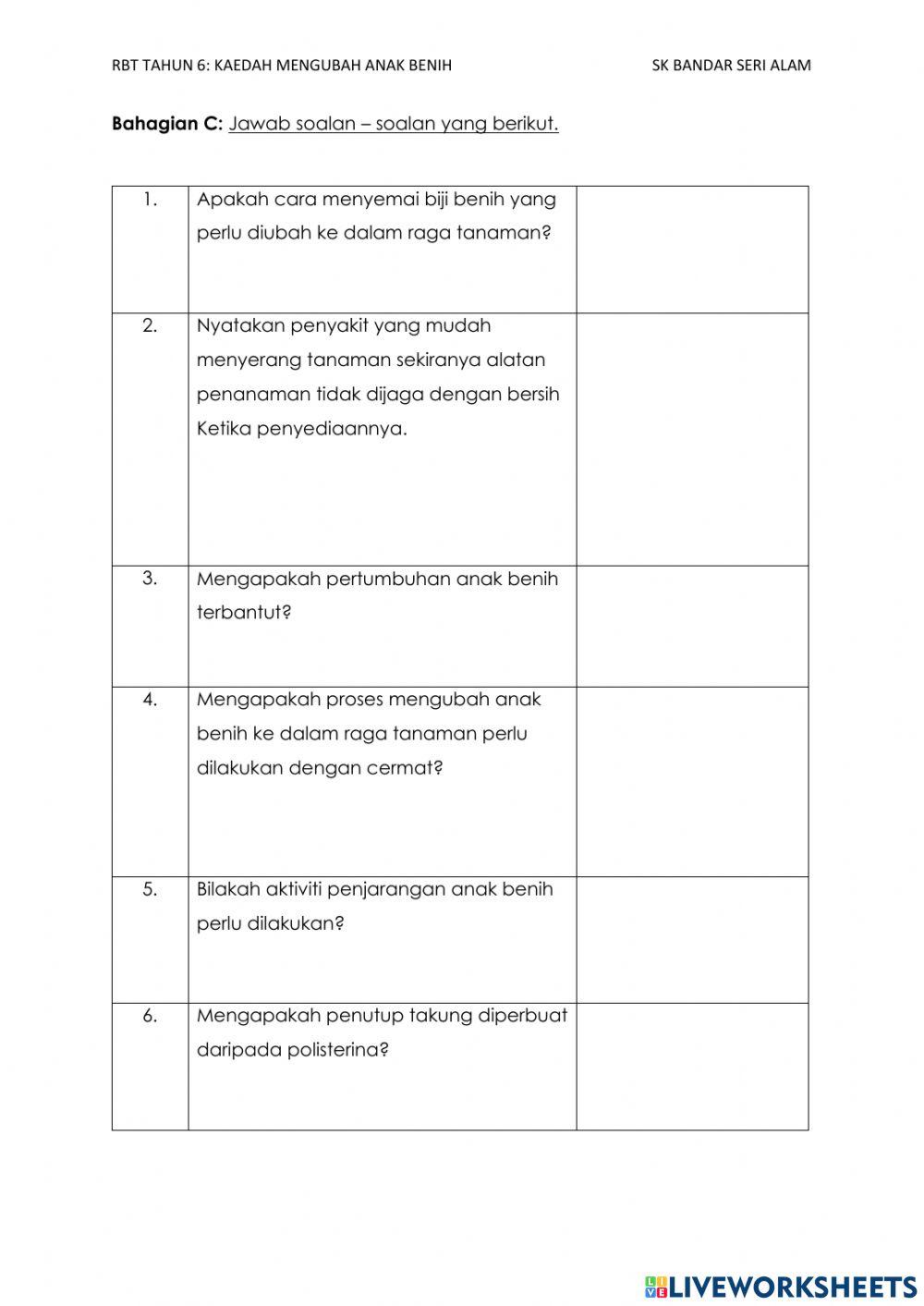 Rbt tahun 6: kaedah mengubah anak benih worksheet | Live Worksheets