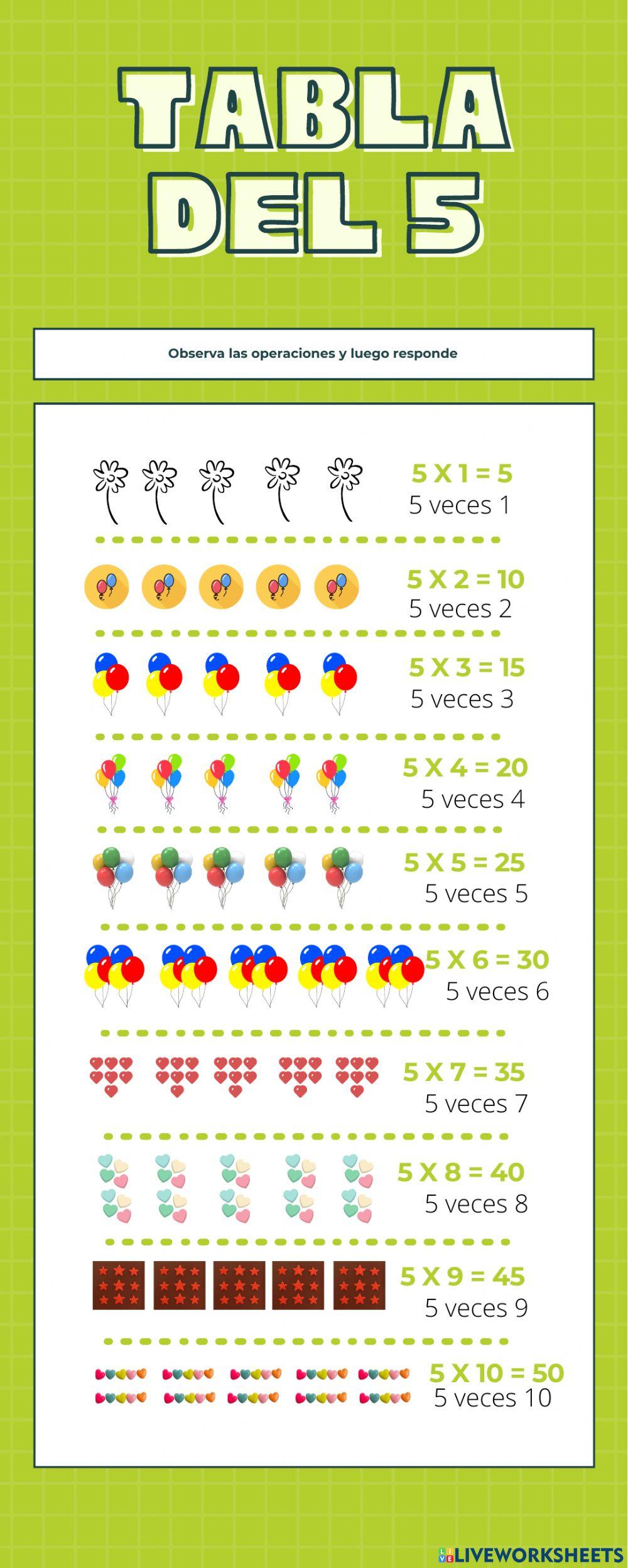 Tabla del 5 interactive worksheet for segundo grado | Live Worksheets