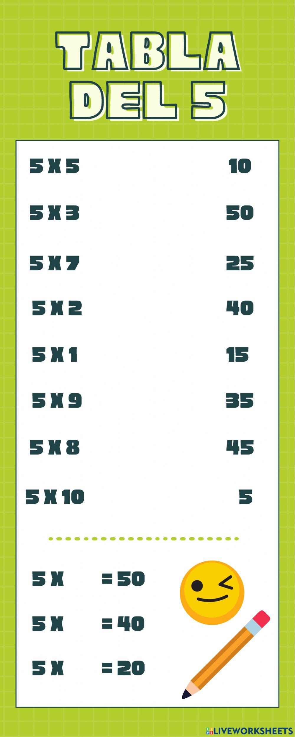 Tabla del 5 interactive worksheet for segundo grado | Live Worksheets