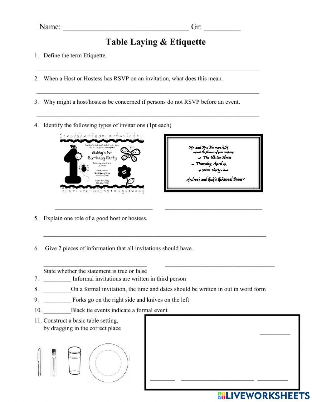 Table Laying & Etiquette | CDean_21 | Live Worksheets