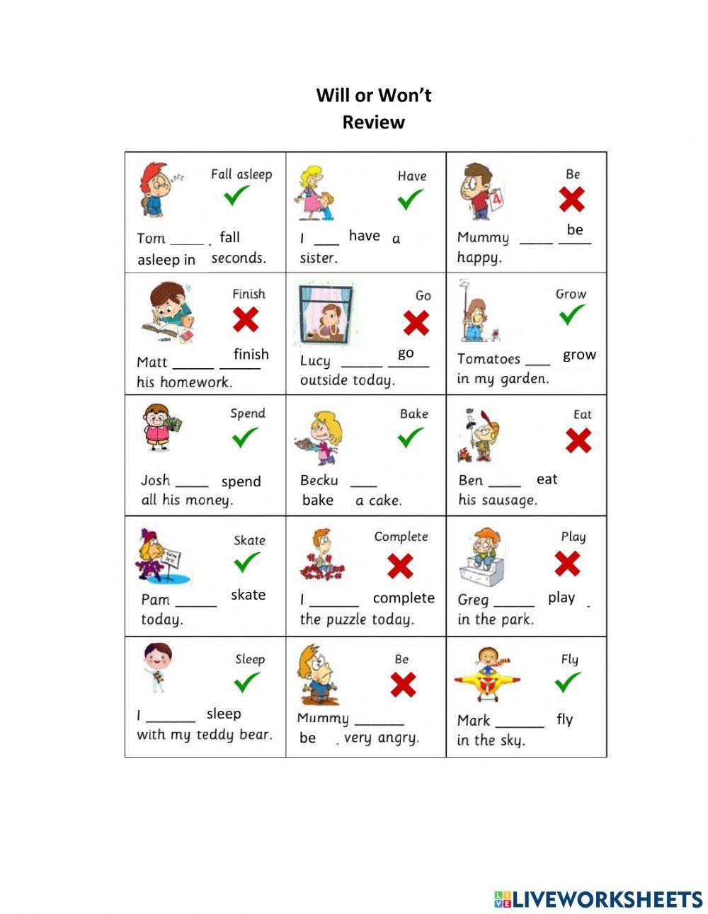 Will or won't | Free Interactive Worksheets | 1518951