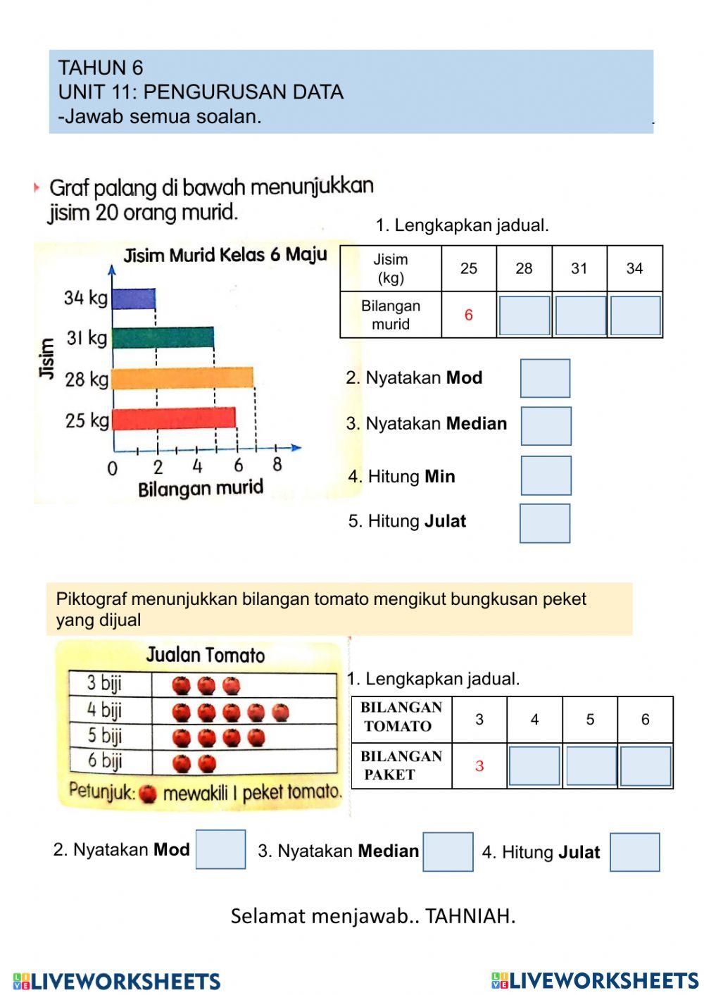 Min, mod, median & julat worksheet | Live Worksheets