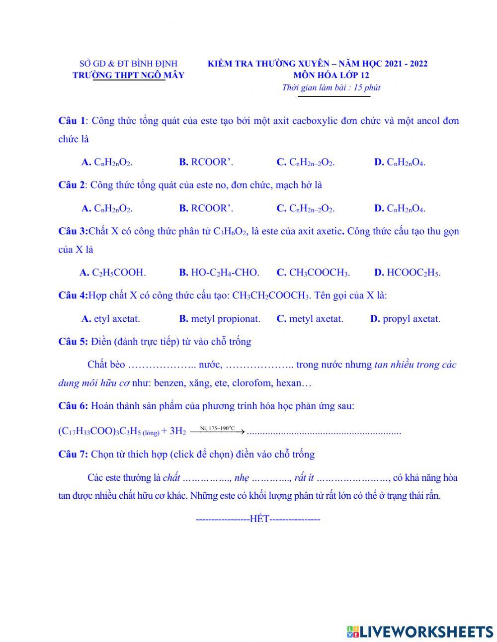 Kiểm tra TX Hóa học 12 1519442 | nguyenbachung | Live