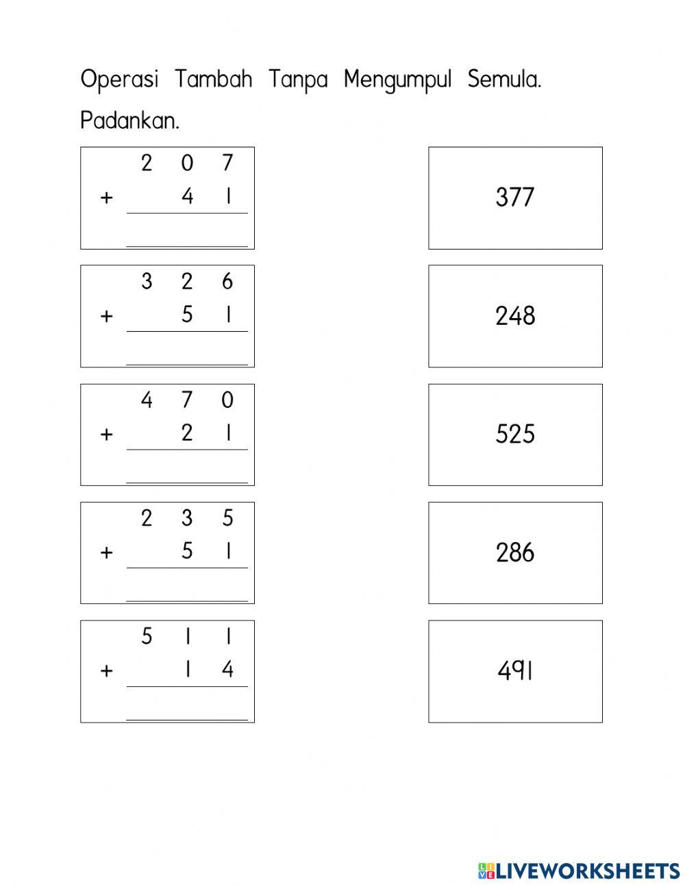 Operasi Tambah online exercise for Pemulihan Khas | Live Worksheets