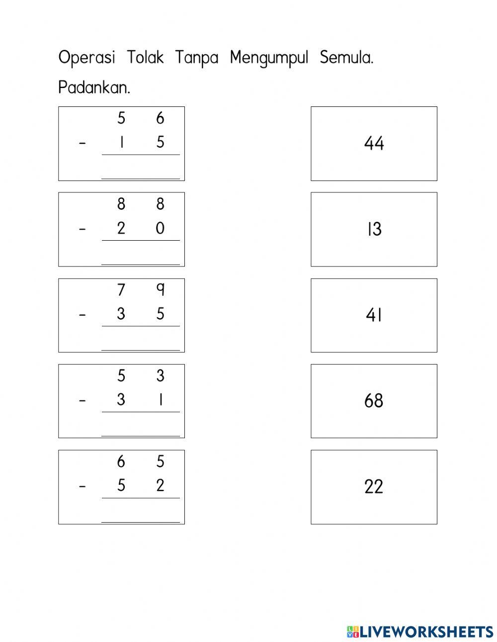 Operasi Tolak online exercise for Pemulihan Khas | Live Worksheets
