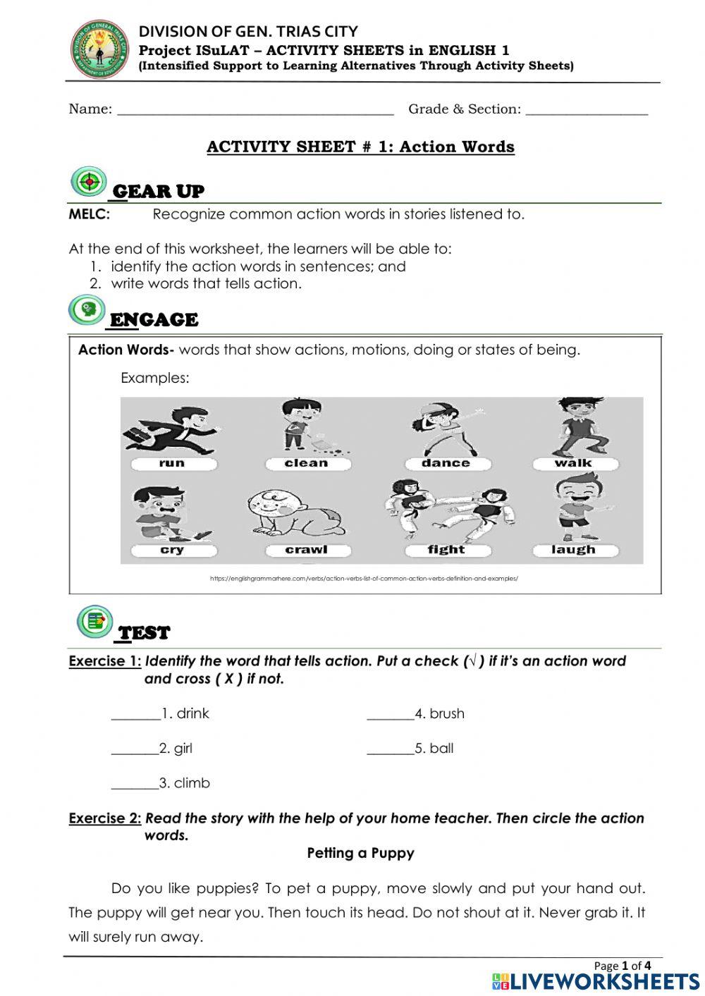 English online exercise for 1 | Live Worksheets