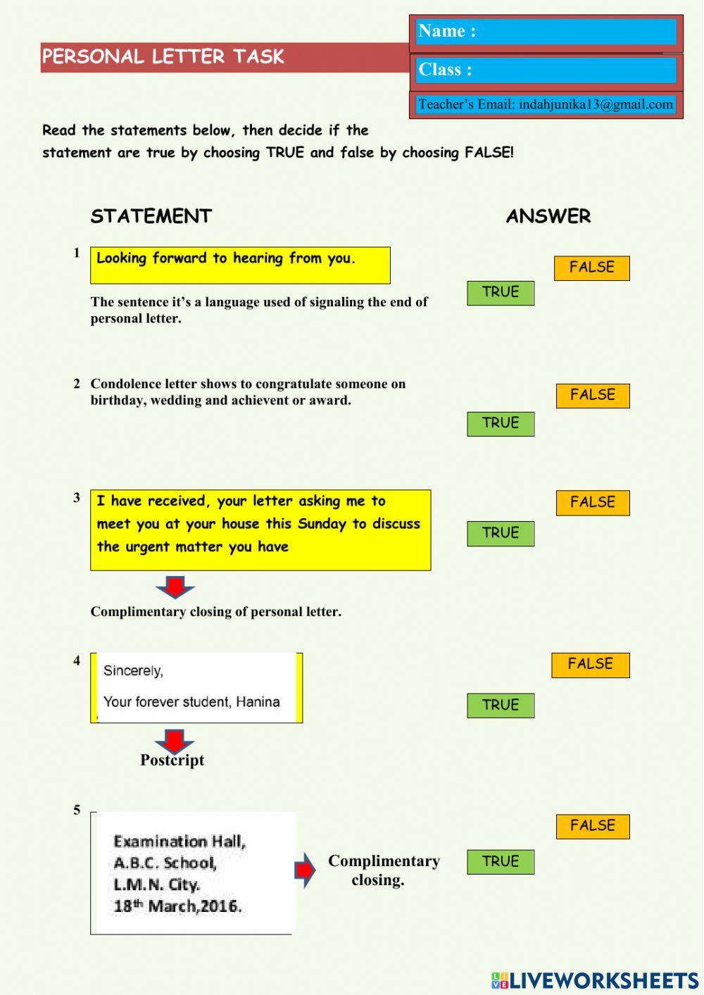 Personal Letter interactive activity | Live Worksheets