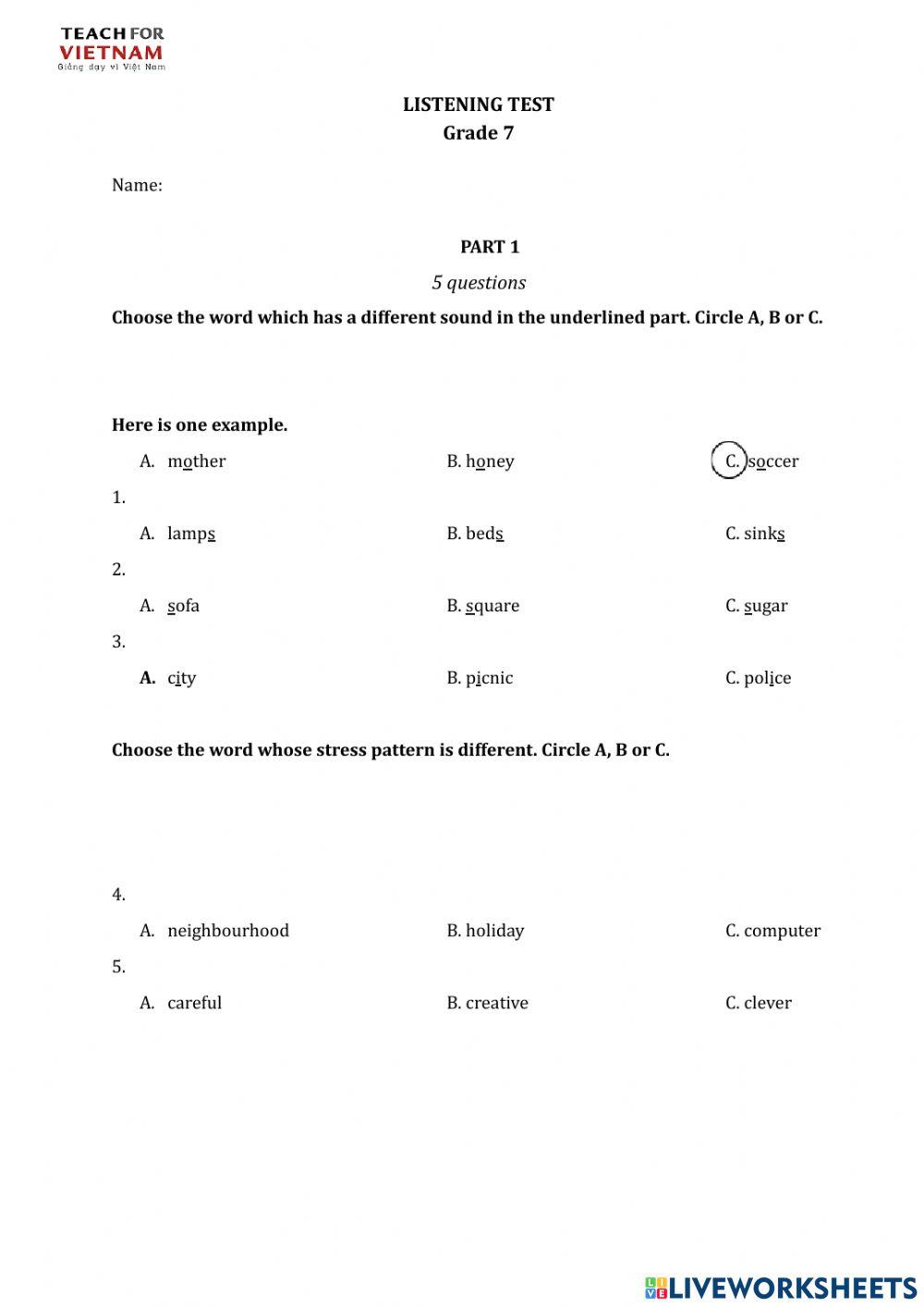 4053725 | Listening test-Grade 7-Final | Nguyen Tran Minh