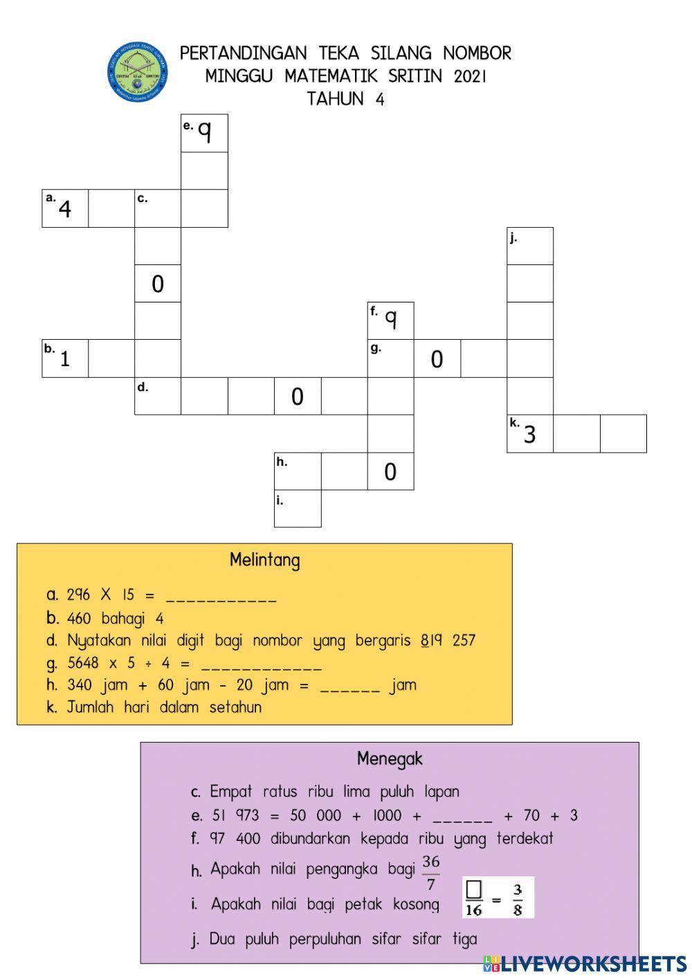 Teka silang nombor activity | Live Worksheets