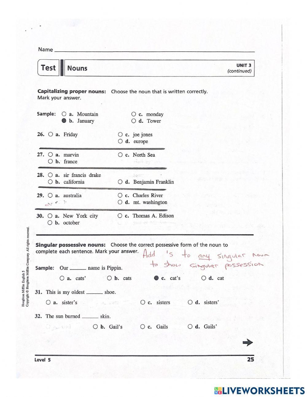 Noun Test (A) online exercise for | Live Worksheets