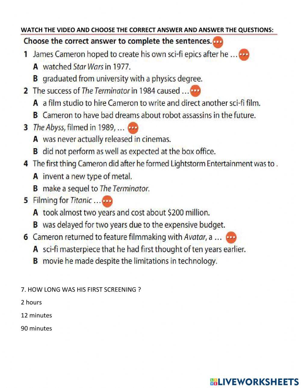 James cameron worksheet | Live Worksheets
