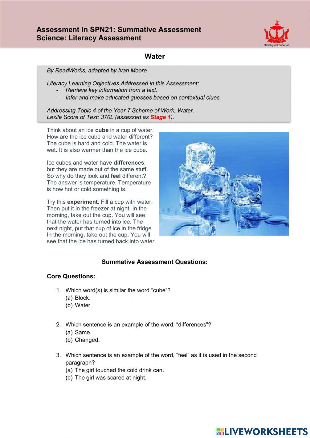 Literacy Task Stage 1 Water cycle 2 online exercise for | Live Worksheets