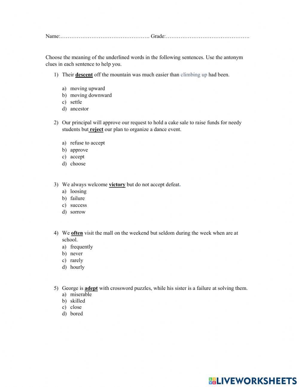 Context Clues: Antonym online exercise for | Live Worksheets