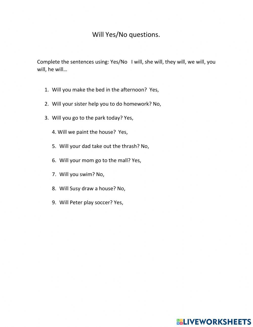 Will yes no questions worksheet | Live Worksheets