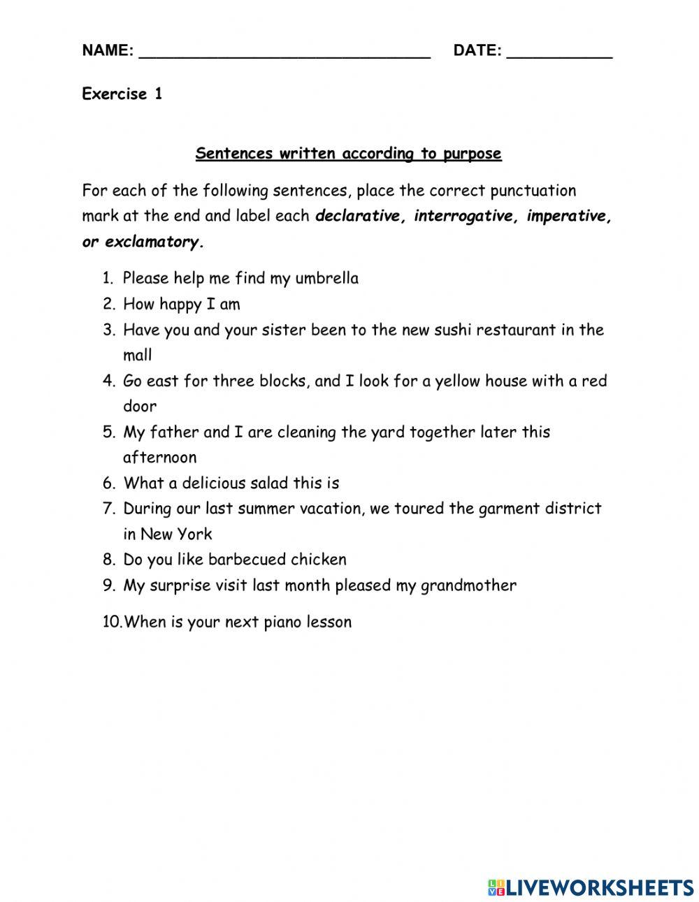 Types of Sentences - Grade 10 online exercise for | Live Worksheets