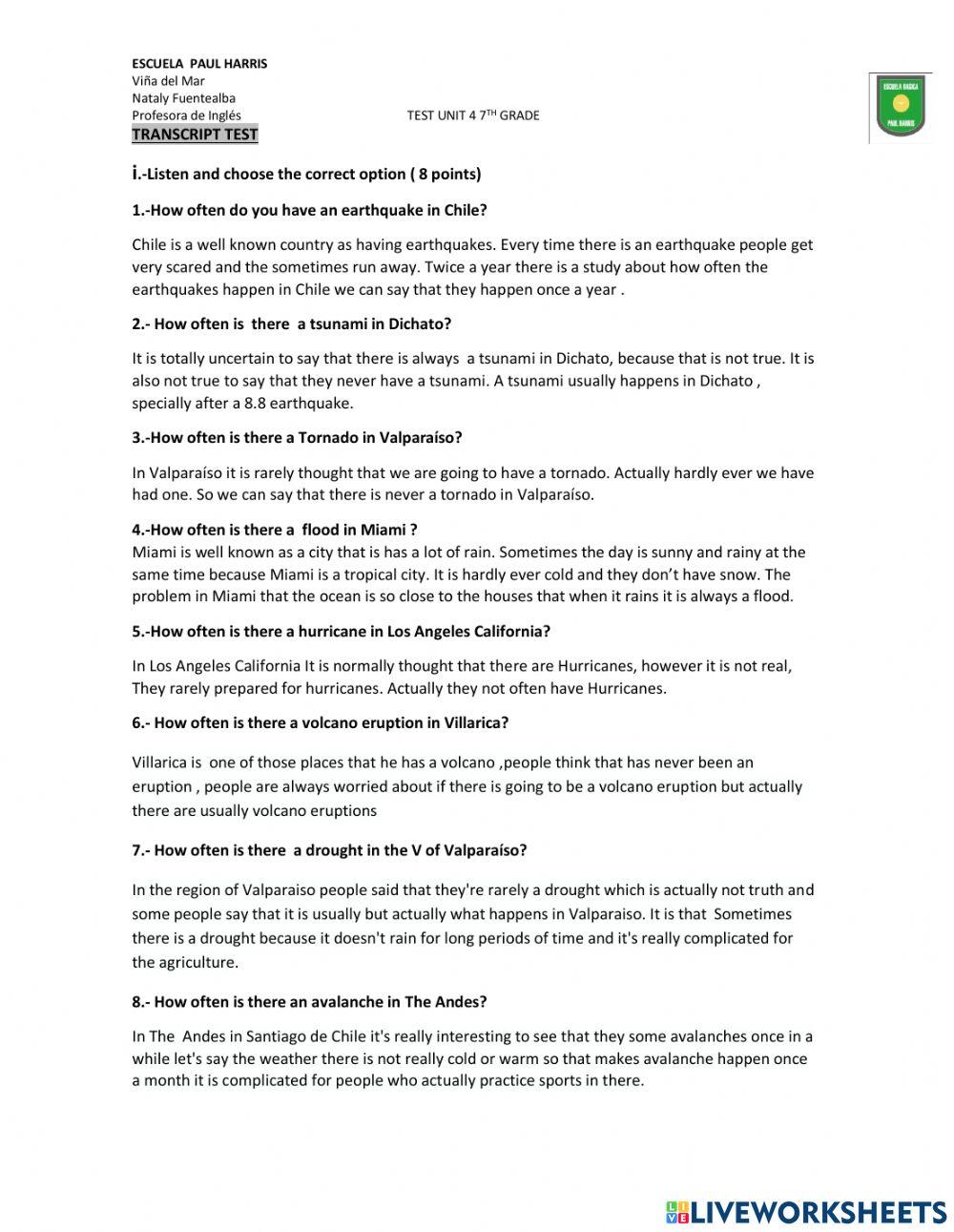 Test unit 4 7th grade worksheet | Live Worksheets