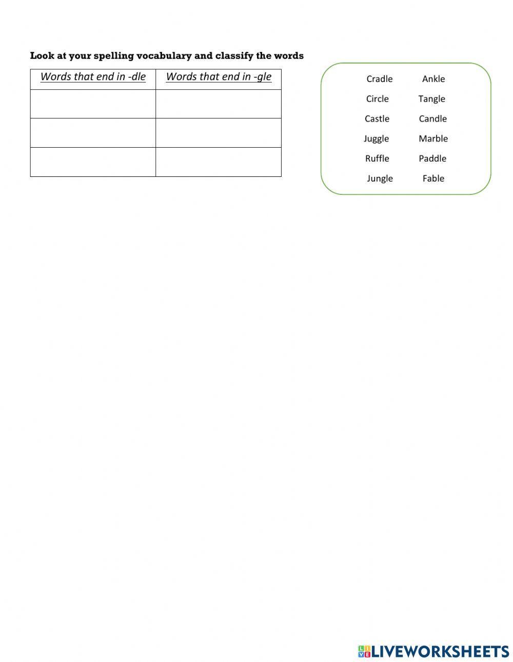 Words with consonants -le worksheet | Live Worksheets