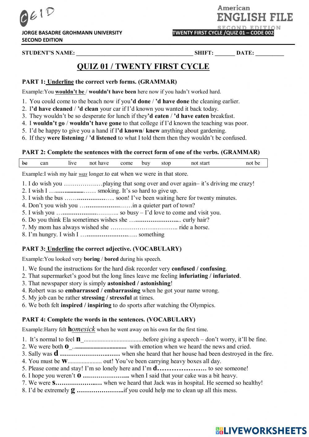 FIRST QUIZ XXI CYCLE online exercise for | Live Worksheets