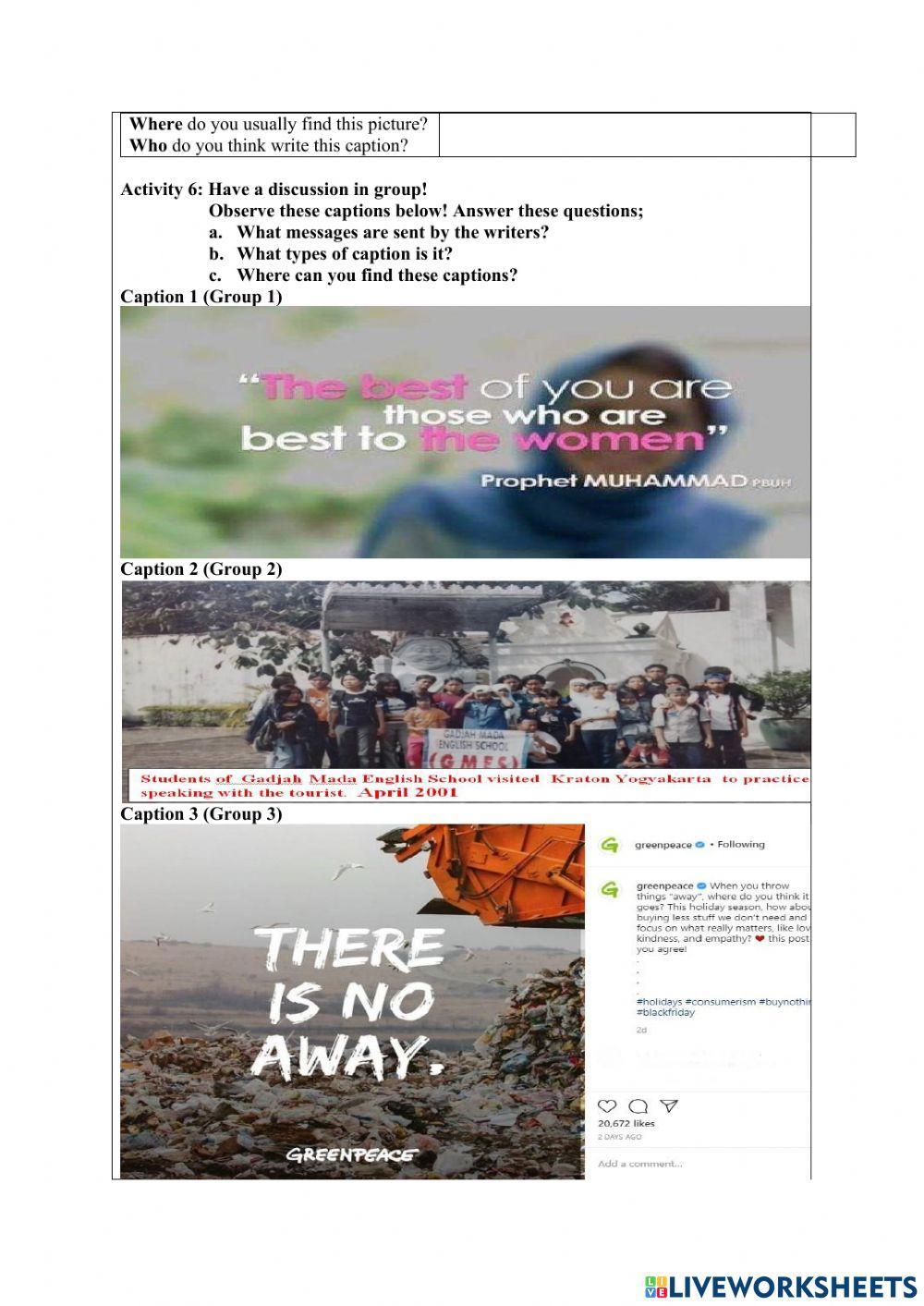 Structure of caption text worksheet | Live Worksheets