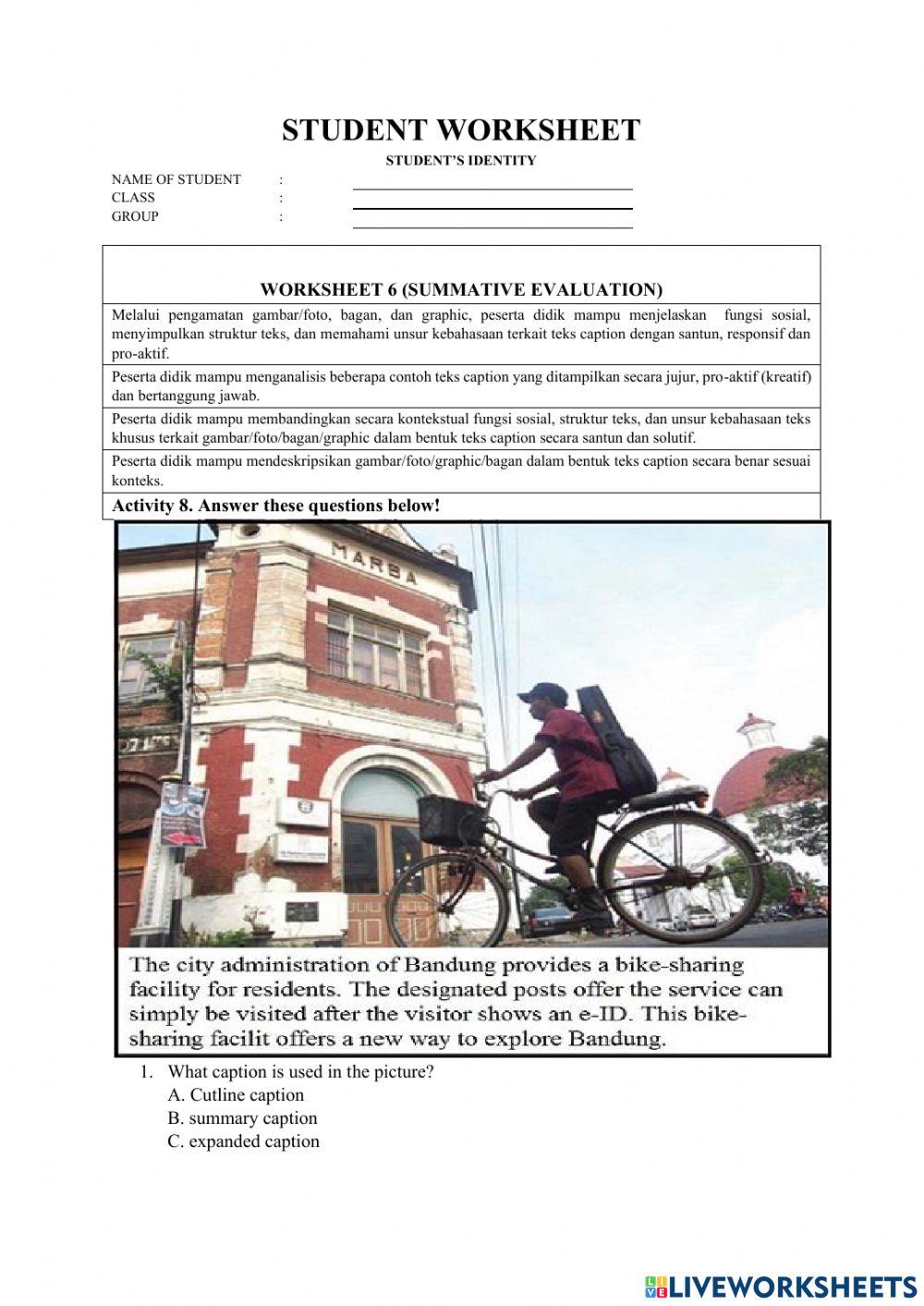 Evaluasi caption text worksheet | Live Worksheets