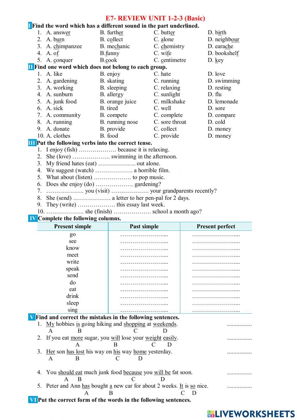 English 7-Review Unit 1-2-3 (B4-Basic) worksheet | Live Worksheets