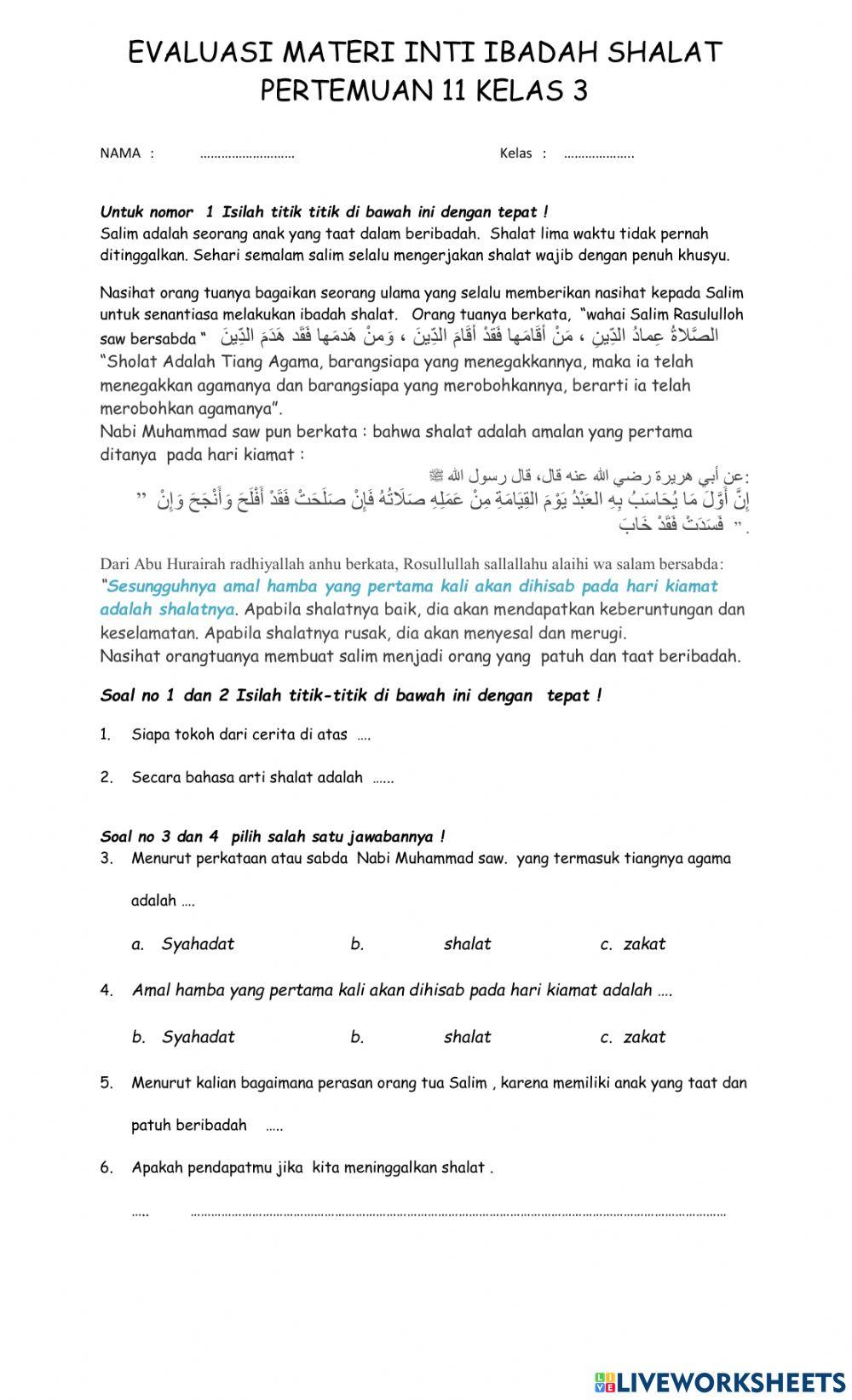 Evalauasi inti ibadah shalat worksheet | Live Worksheets
