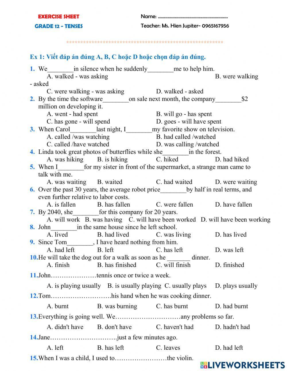 Tenses online exercise for grade 12 | Live Worksheets