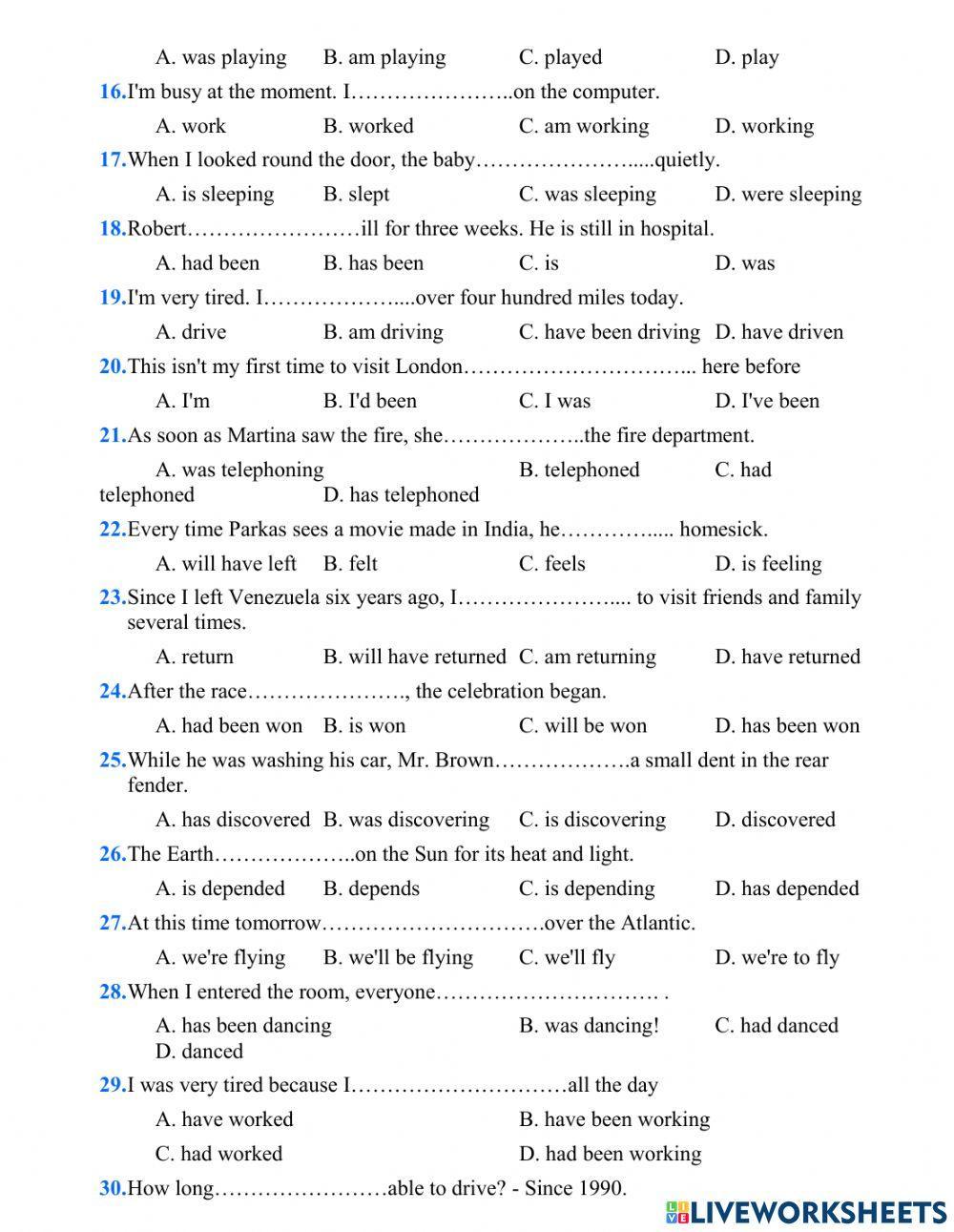 Tenses online exercise for grade 12 | Live Worksheets