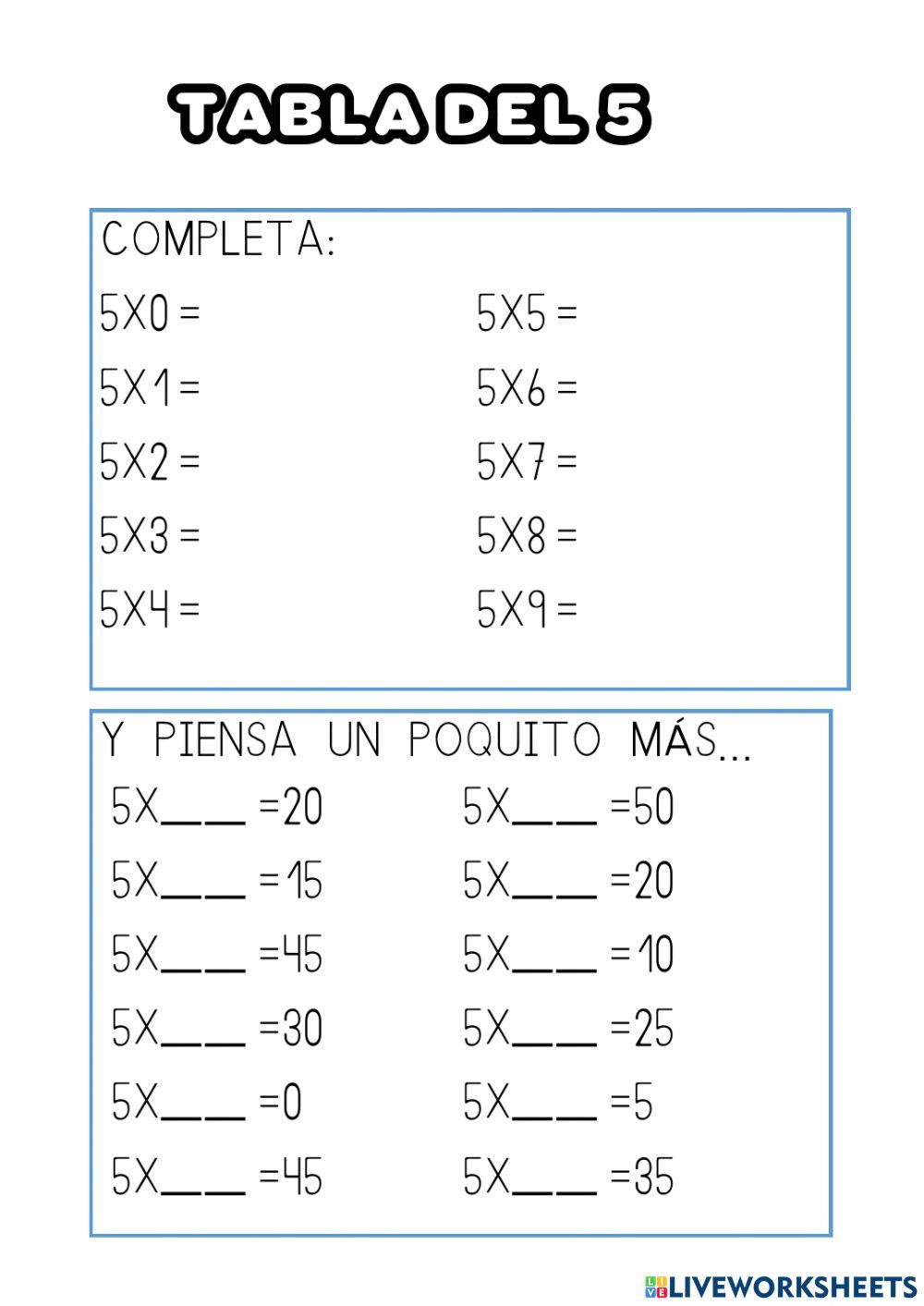 Tabla del 5 interactive activity for TERCERO | Live Worksheets