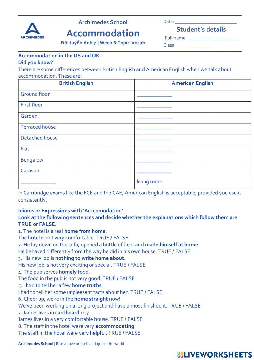 ĐỘI TUYỂN ANH 7- Week 6-Topic Vocab: Accommodation worksheet | Live ...