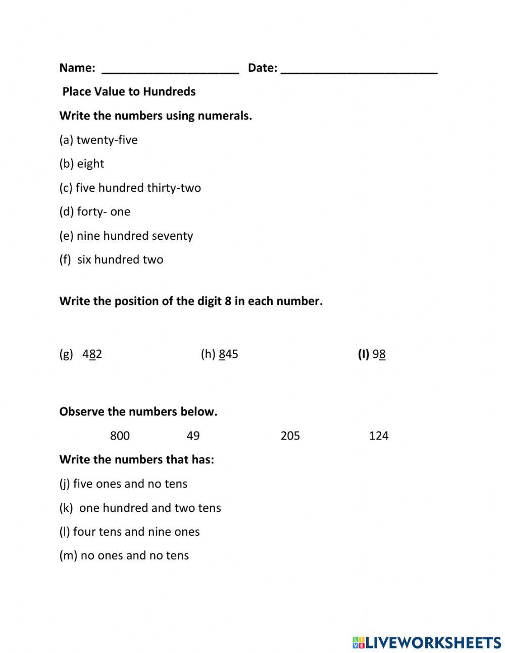 Place Value to Hundreds interactive worksheet | Live Worksheets
